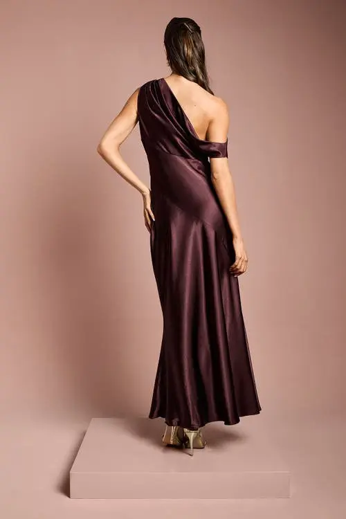 Coast Satin One Shoulder Fishtail Maxi Dress - Espresso