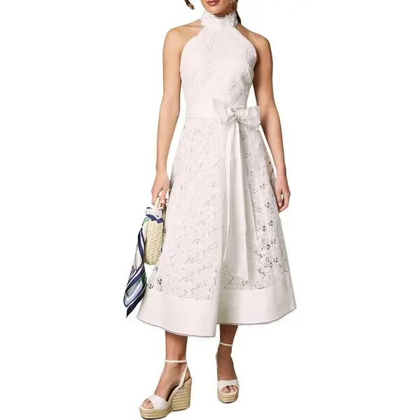 Coast Halterneck Belted Lace Midi Dress - Ivory