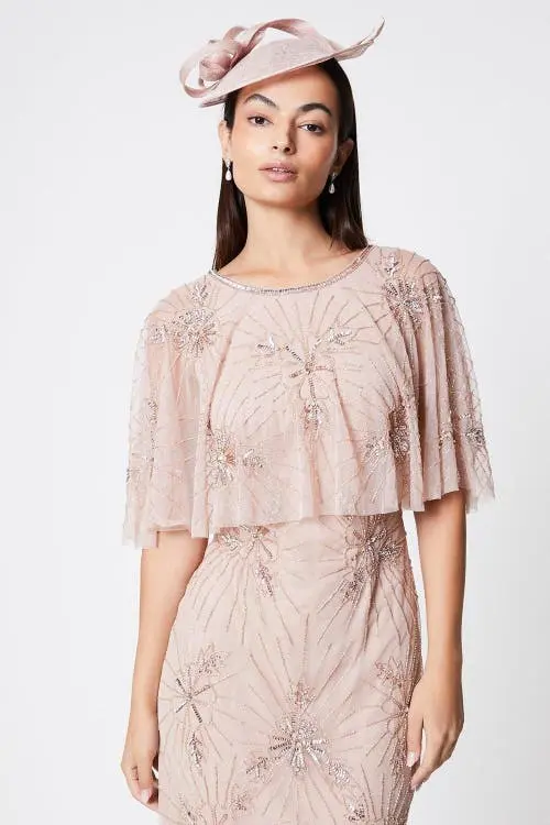 Coast Floral Embellished Cape Midi Dress - Blush