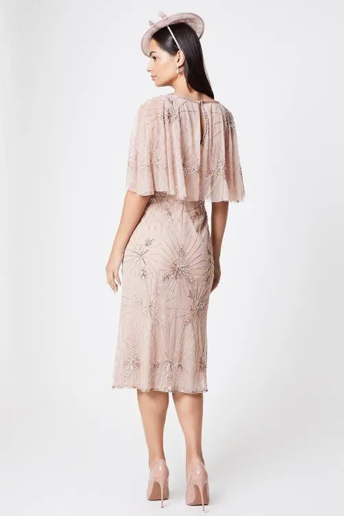 Coast Floral Embellished Cape Midi Dress - Blush