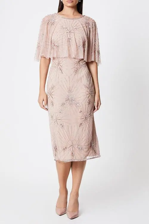 Coast Floral Embellished Cape Midi Dress - Blush