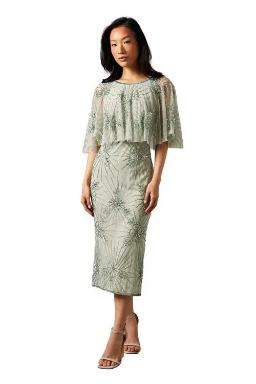 Coast Floral Embellished Cape Midi Dress - Sage