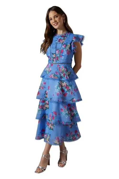 Coast Lace Trim Tiered Organza Floral Midi Dress