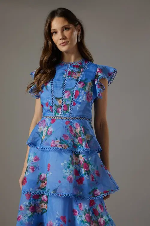 Coast Lace Trim Tiered Organza Floral Midi Dress