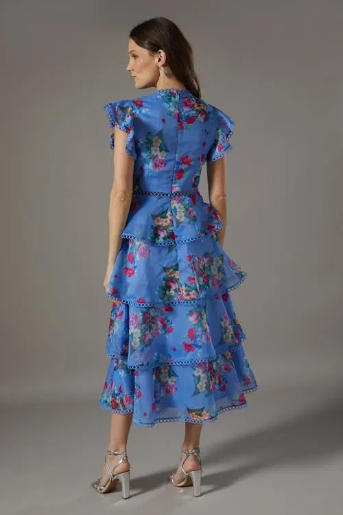 Coast Lace Trim Tiered Organza Floral Midi Dress
