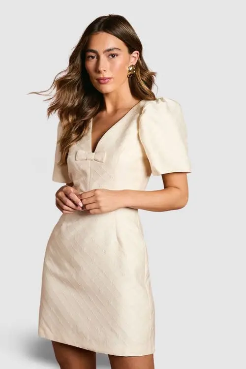 Coast Jacquard Bow Puff Sleeve Mini Dress - Ivory
