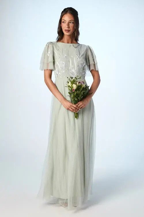 Coast Angel Sleeve Maxi Bridesmaids Dress - Sage