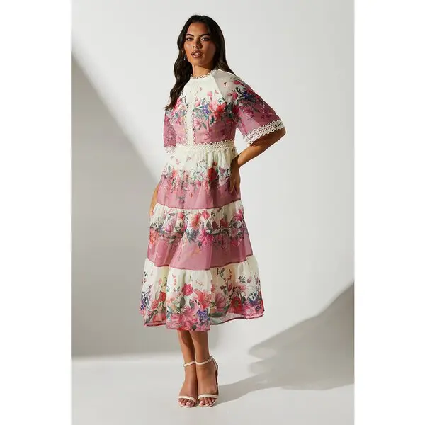 Coast Organza Floral Tiered Midi Dress With Lace Trim - Multi