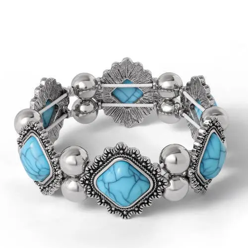 Jessica Simpson Silver-tone Stretch Bracelet With Faux Stones - Turquoise
