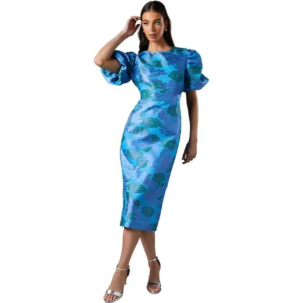 Coast Jacquard Floral Puff Sleeve Midi Dress - Blue