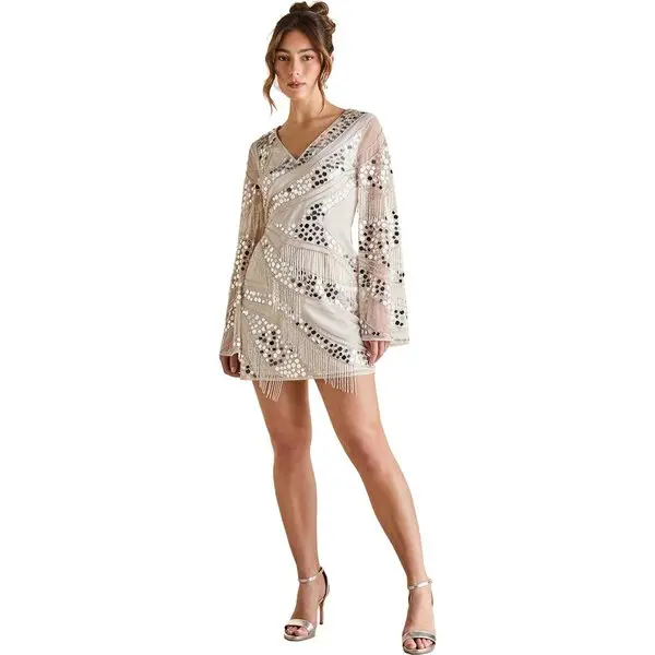Coast Sequin Embellished Flare Sleeve Mini Dress - Natural