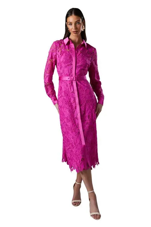Coast Lace Collared Long Sleeve Midi Shirt Dress - Magenta