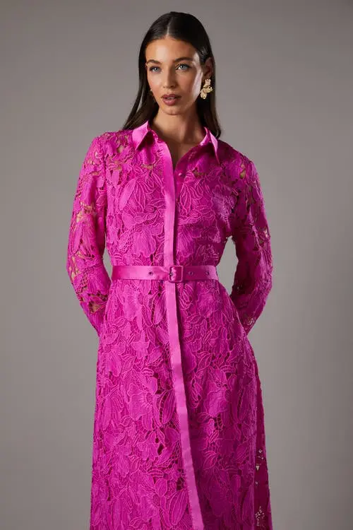 Coast Lace Collared Long Sleeve Midi Shirt Dress - Magenta