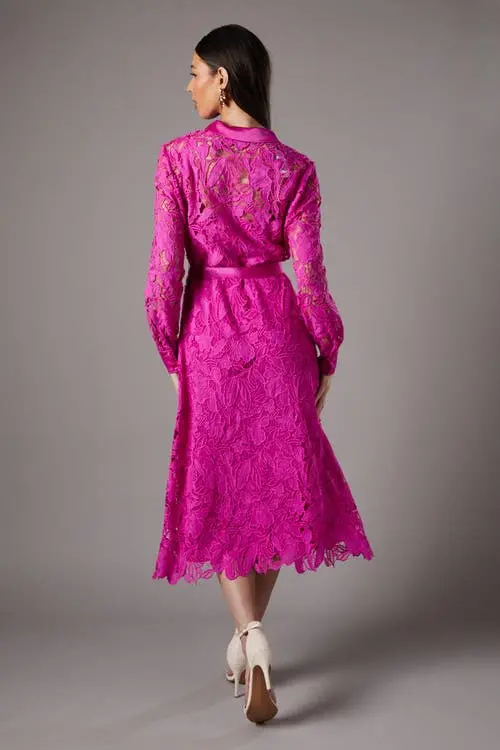 Coast Lace Collared Long Sleeve Midi Shirt Dress - Magenta