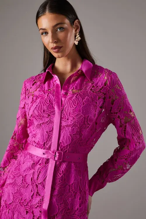 Coast Lace Collared Long Sleeve Midi Shirt Dress - Magenta