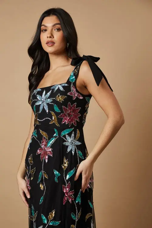 OASIS Floral Embellished Split Midi Dress - Black