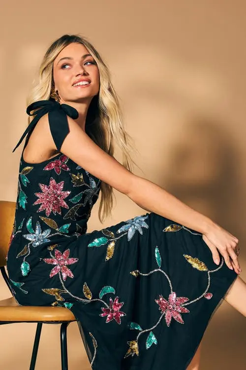 OASIS Floral Embellished Split Midi Dress - Black