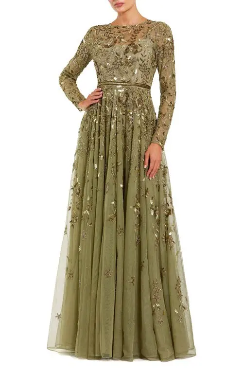 Mac Duggal Long Sleeve Hand Embellished Floral A-line Gown - Green