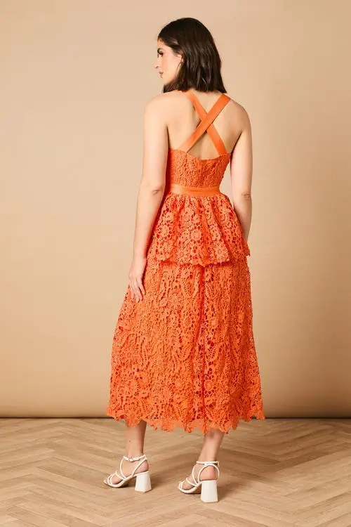 OASIS Cross Strap Tiered Lace Midi Dress