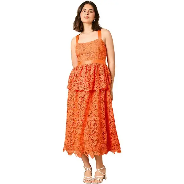 OASIS Cross Strap Tiered Lace Midi Dress - Orange