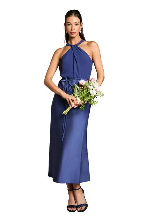 OASIS Satin Halter Neck Midi Dress - Navy