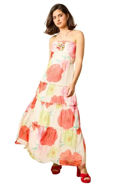 OASIS Rosette Detail Halterneck Midi Dress - Ivory
