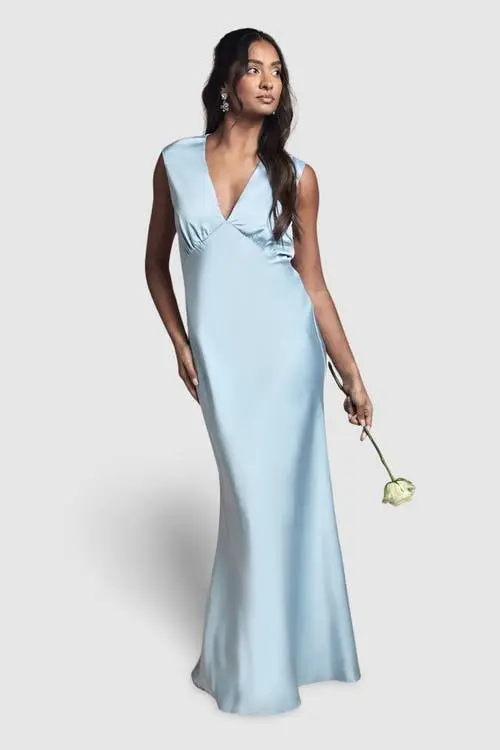 OASIS Satin Open Back Maxi Dress - Light Blue