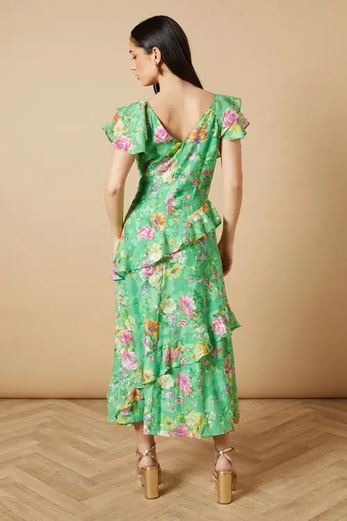 OASIS Ruffle Sleeve Jacquard Midi Dress