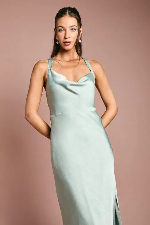 OASIS Satin Bridesmaids Dress With Cowl Neck And Cross-shoulder Design