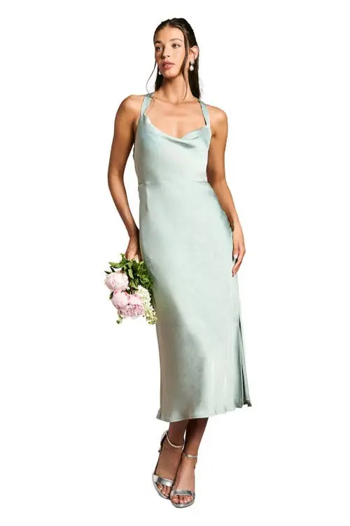 OASIS Satin Bridesmaids Dress With Cowl Neck And Cross-shoulder Design - Sage