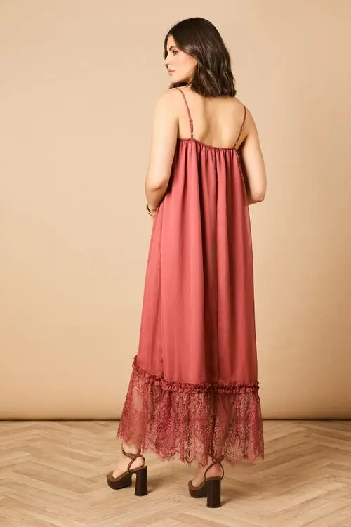 OASIS Babydoll Lace Maxi Dress - Rust