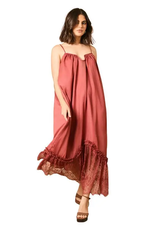 OASIS Babydoll Lace Maxi Dress - Rust