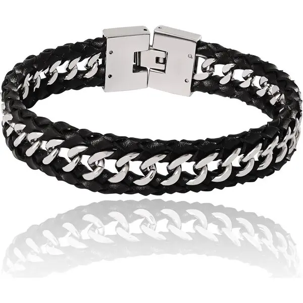 Lucky Brand Braided Leather And Chain Overlay Bracelet - Silver