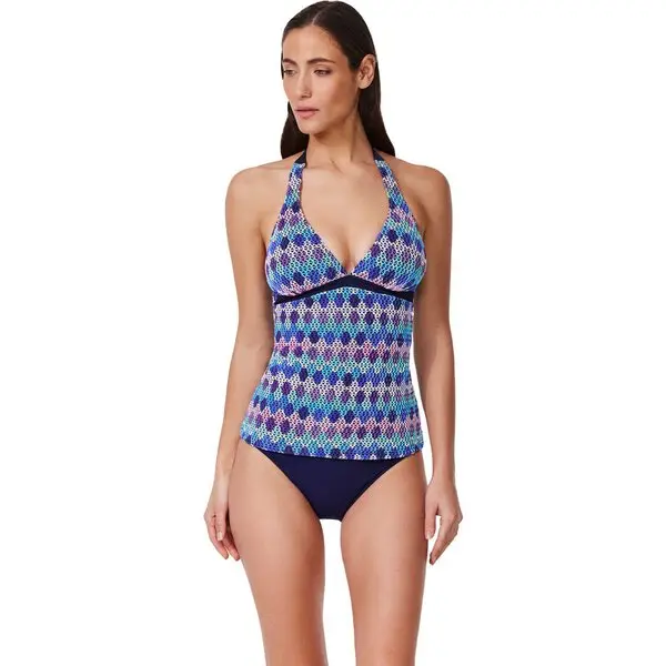 GOTTEX Retro Riviera Halter Crochet Tankini Top - Blue-multi