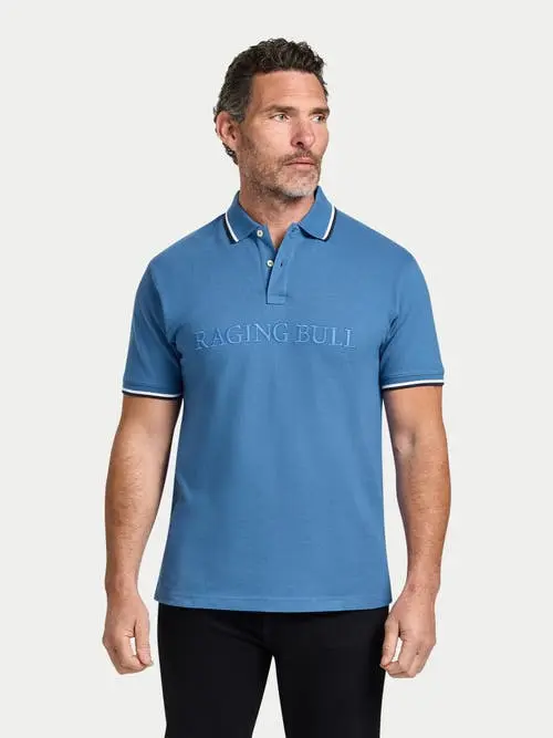 RAGING BULL Short Sleeve Embroidery Pique Polo - Denim Blue