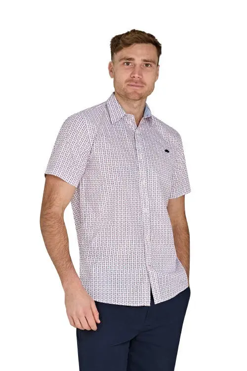 RAGING BULL Short Sleeve Flower Cotton Poplin Shirt - White