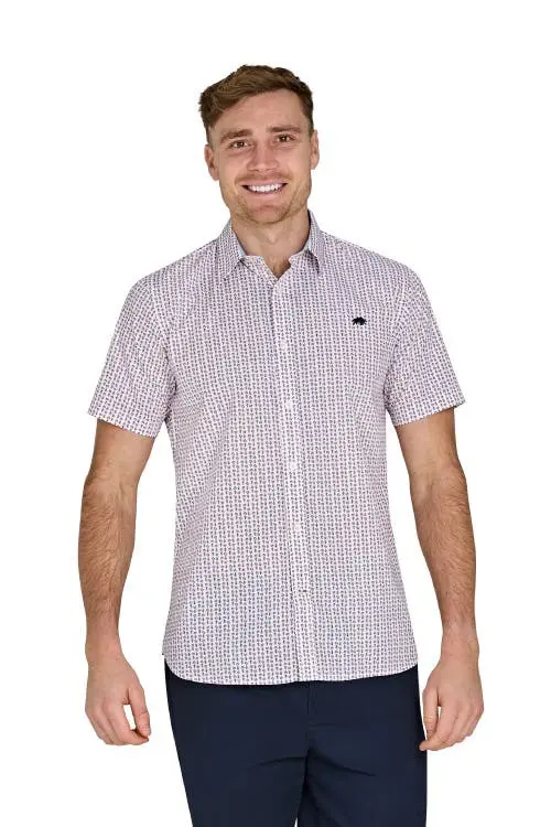 RAGING BULL Short Sleeve Flower Cotton Poplin Shirt - White