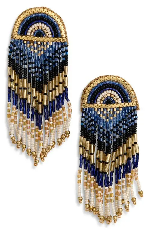 Deepa Gurnani Lisander Beaded Fringe Drop Earrings - Navy