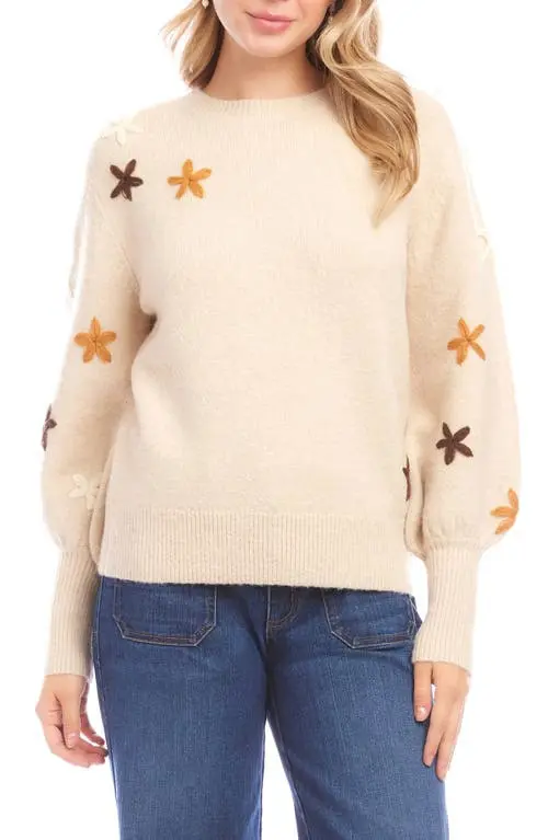 Karen Kane Embroidered Flower Crewneck Pullover - Ecru