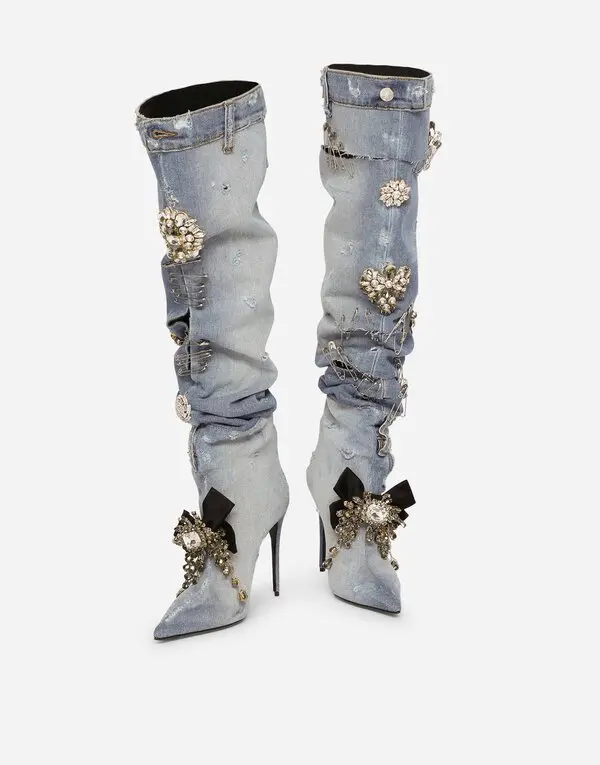 Dolce & Gabbana Patchwork Denim Boots With Embroidery