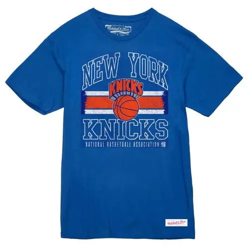 Mitchell & Ness Royal New York Knicks Striped Logo Lockup Premium T-shirt