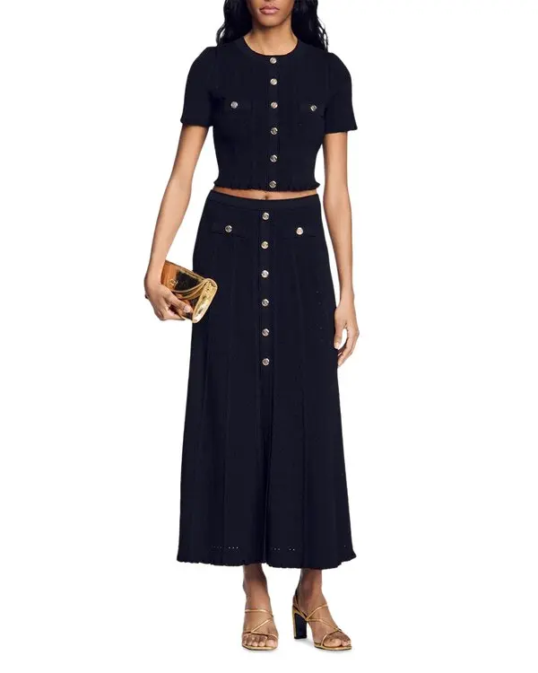 Sandro Cropped Pointelle Knit Cardigan