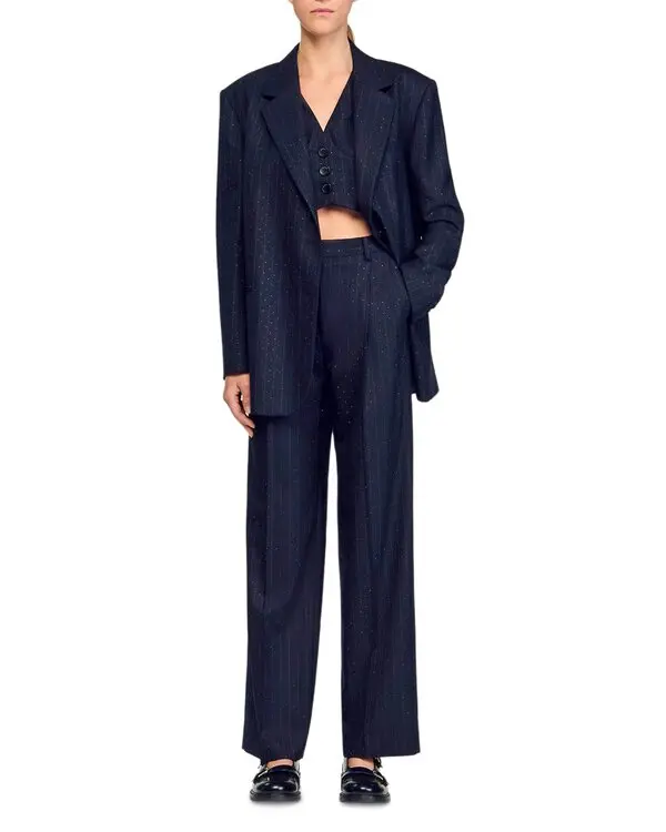 Sandro Striped Rhinestone Suit Jacket - Navy Blue