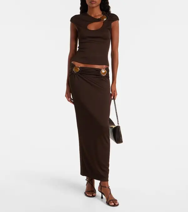 Christopher Esber Gathered Maxi Skirt With Natural Stone Embellishments - Brown