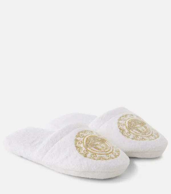 Versace Cotton And Linen Terry Slippers - White