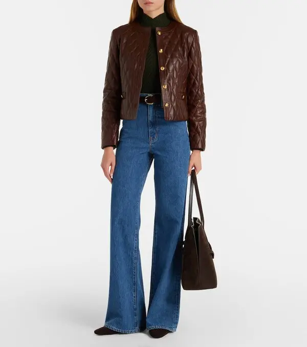 NILI LOTAN Amy Cropped Quilted Leather Jacket - Brown