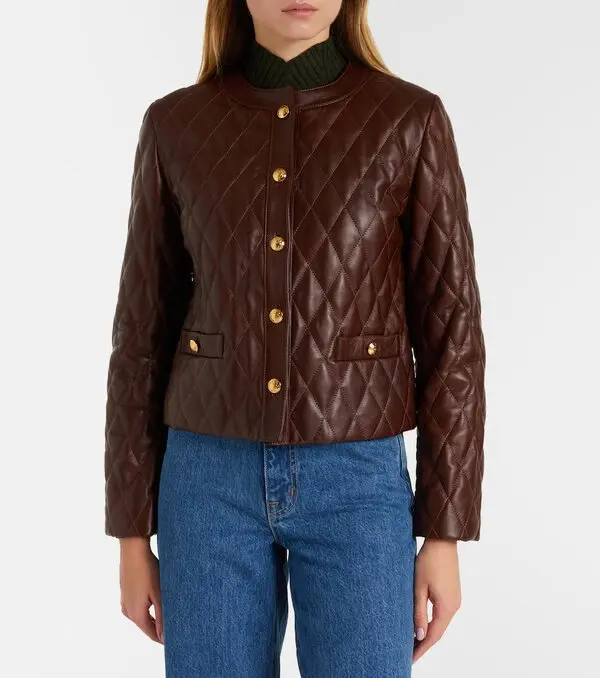 NILI LOTAN Amy Cropped Quilted Leather Jacket - Brown