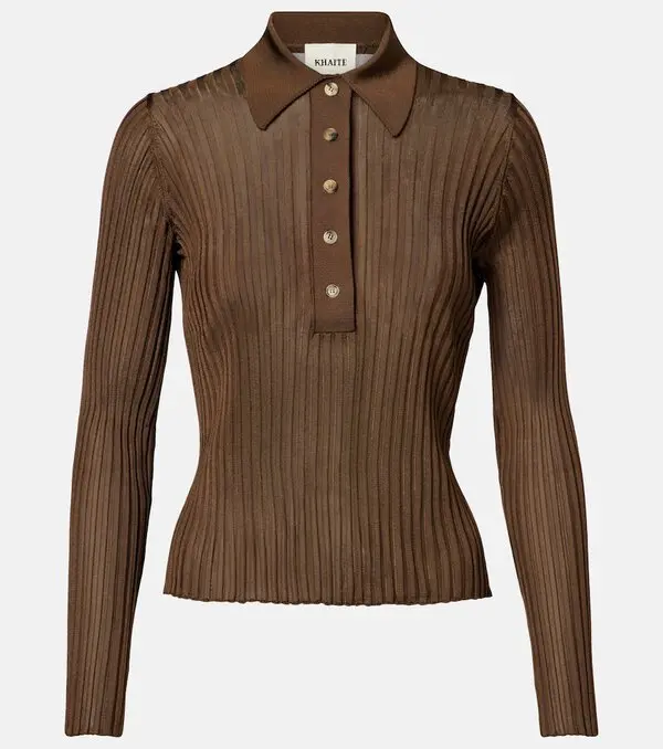 Khaite Vin Ribbed-knit Sheer Polo Shirt - Brown