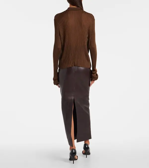 Khaite Vin Ribbed-knit Sheer Polo Shirt - Brown