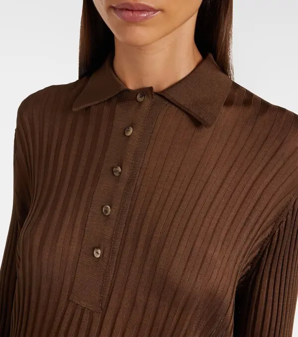 Khaite Vin Ribbed-knit Sheer Polo Shirt - Brown